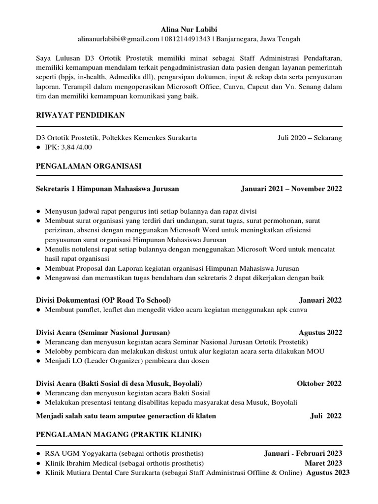 CV Administrasi - Alina Nur Labibi Klinik Sehatq | PDF | Karier & Perkembangan