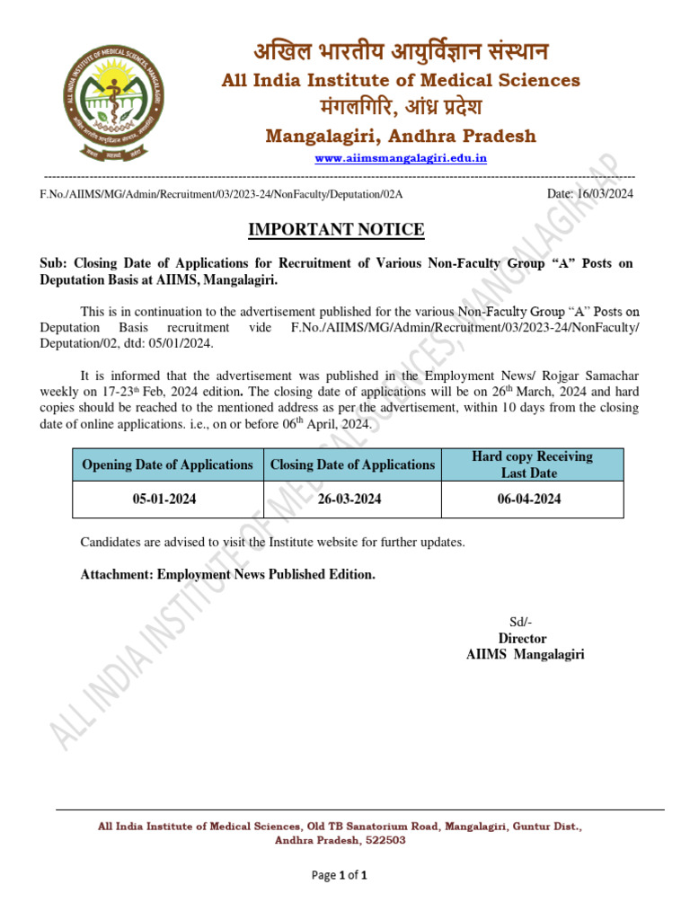 IMP NOTICE Closing Date of Applications For Recruitment of Various Non ...