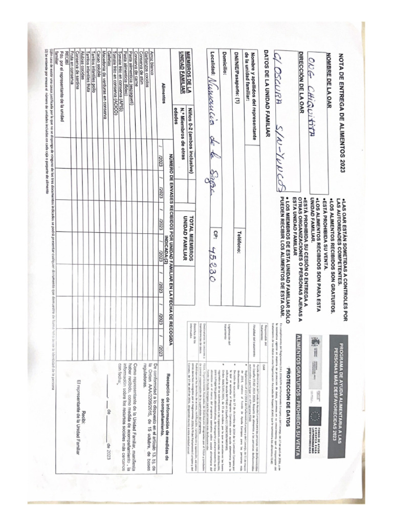 NOTA DE ENTREGA DE ALIMENTOS 2023 | PDF