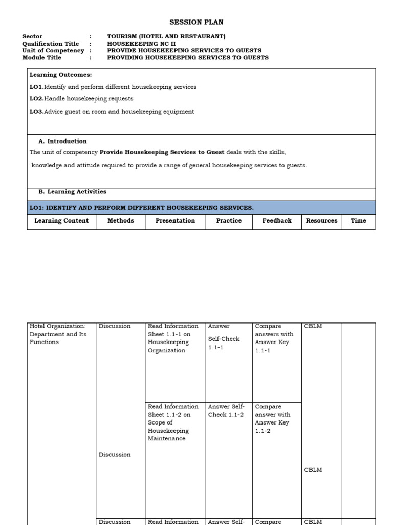 Session Plan Provide Housekeeping Services To Guest | PDF | Housekeeping | Communication