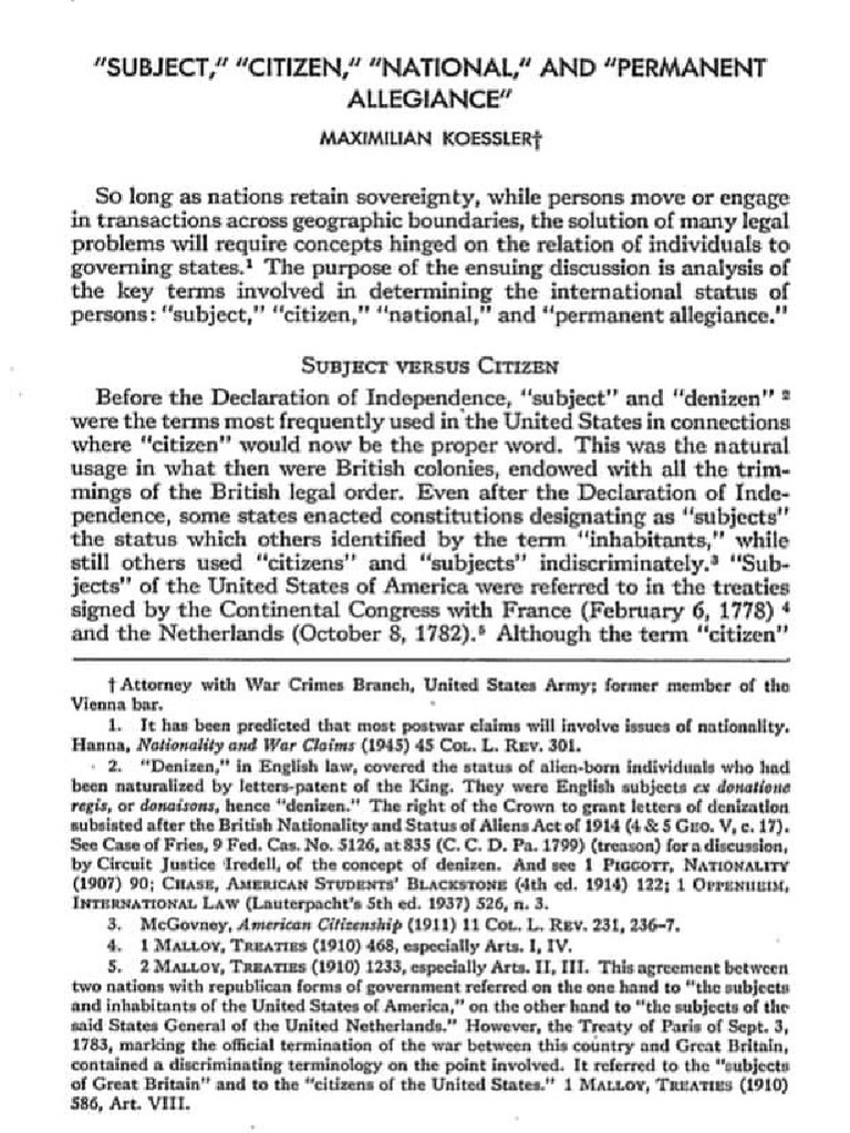 Subject, Citizen, National, and Permanent Allegiance | PDF