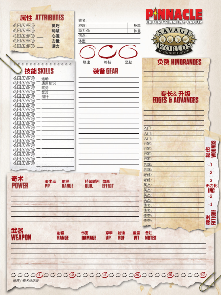 Savage Worlds狂野世界-SWADE角色表Character Sheet-1.0 | PDF