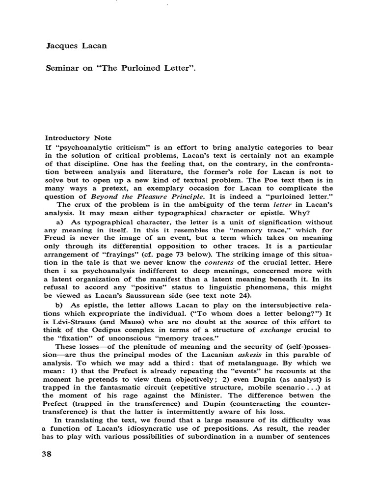 Lacan, Jacques - Seminar on Purloined Letter, (1972) 48 YFS 38 | PDF ...