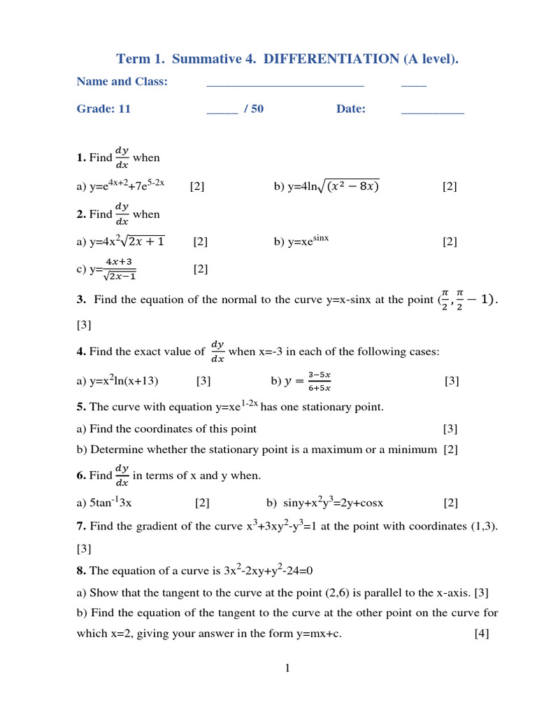 A Level Maths Term 1 Summative 4 | PDF | Equations | Curve