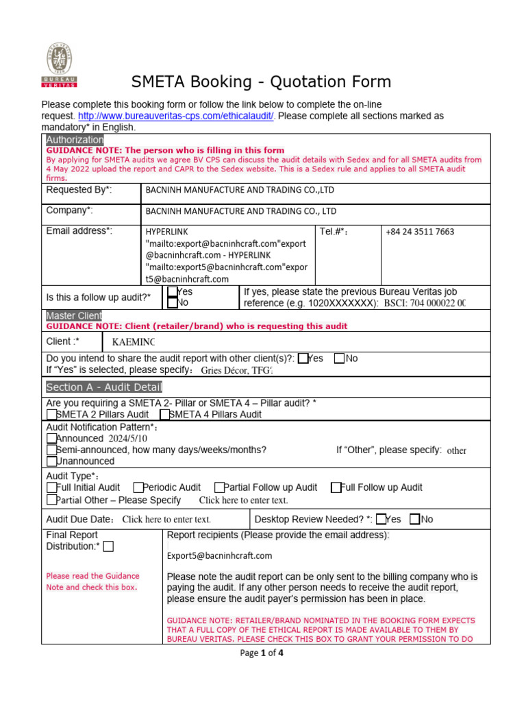SMETA Booking - Quotation Form - EN - May 10 2024 | PDF | Fee | Invoice