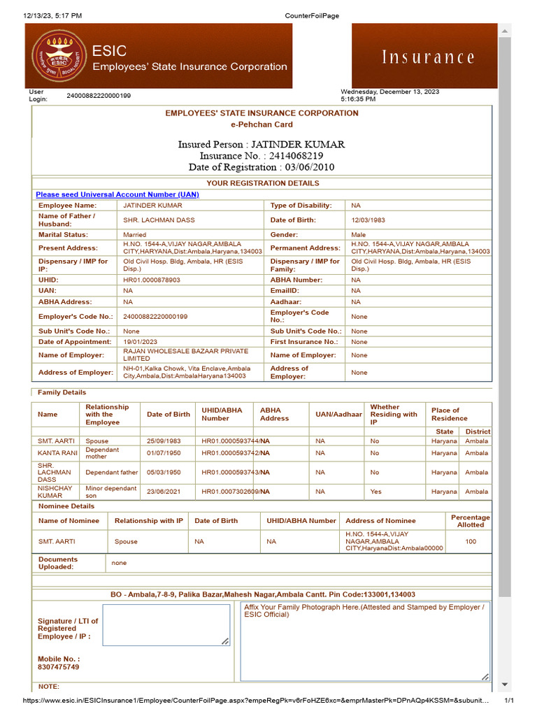 Jatinder Paro Esic Card | Download Free PDF | Social Security | Labour Law