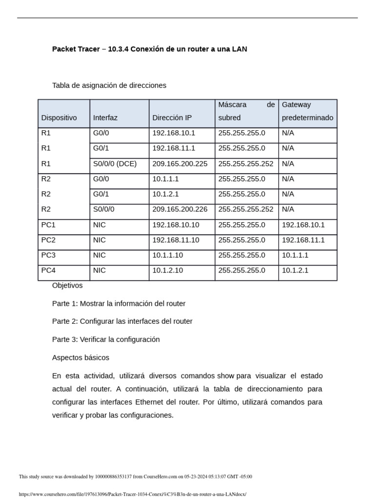 Packet Tracer 10.3.4 Conexi N de Un Router A Una LAN | PDF | Enrutador (Computación) | Dirección IP