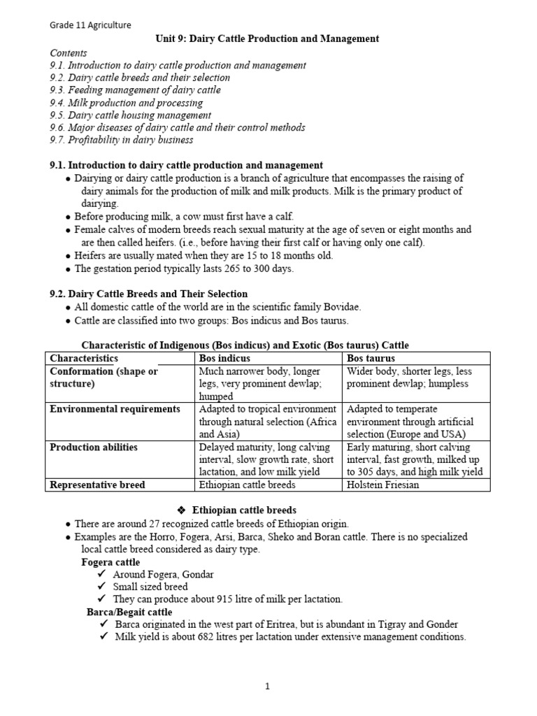 G11 Agri Unit 9 Handout | PDF | Dairy Cattle | Milk
