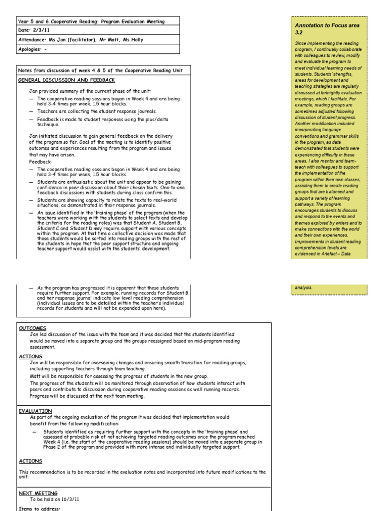 Cooperative reading unit - Meeting notes | PDF | Reading Comprehension ...