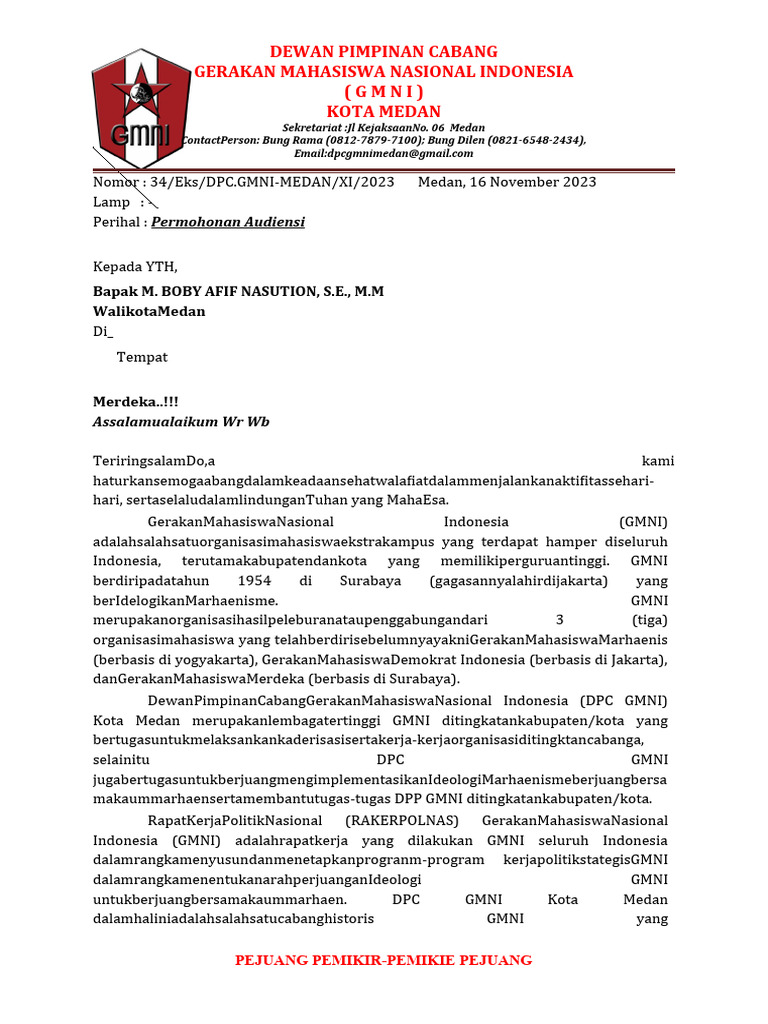 Permohonan Audiensi DPC GMNI Medan | PDF