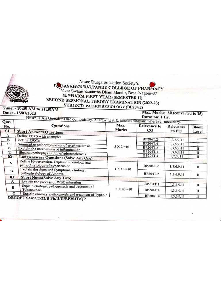 Pathophysiology Previous Years Question Papers | PDF