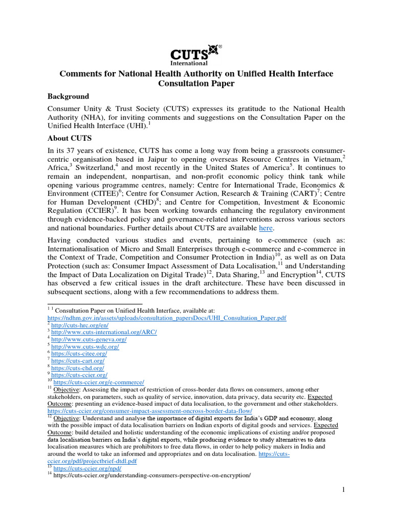 CUTS Comments on Unified Health Interface | PDF | Privacy | Informed ...