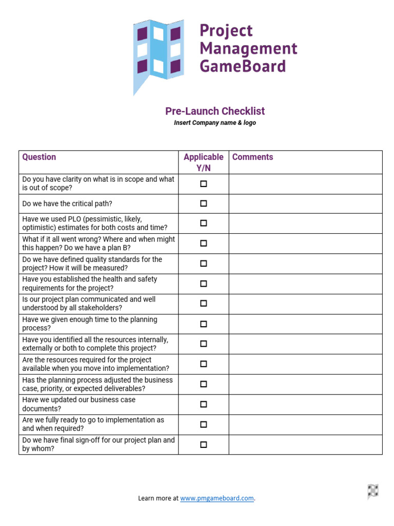 Project Management GameBoard -- Pre-Launch Checklist | PDF