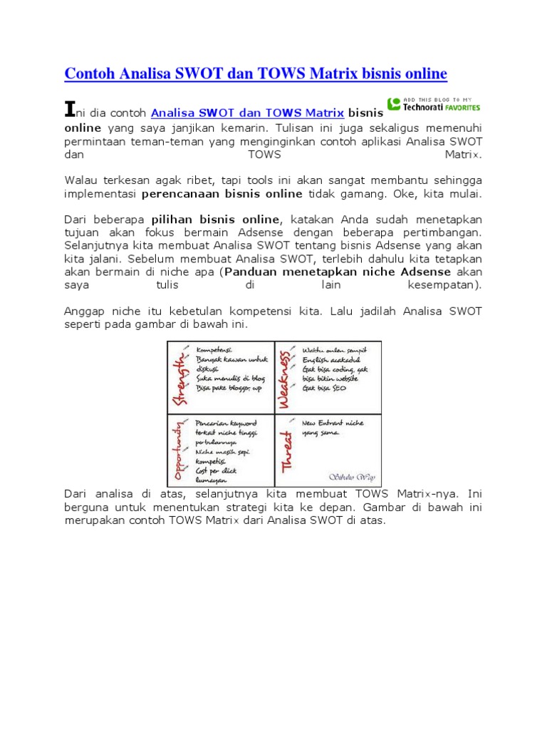 Contoh Analisa SWOT Dan TOWS Matrix Bisnis Online | PDF