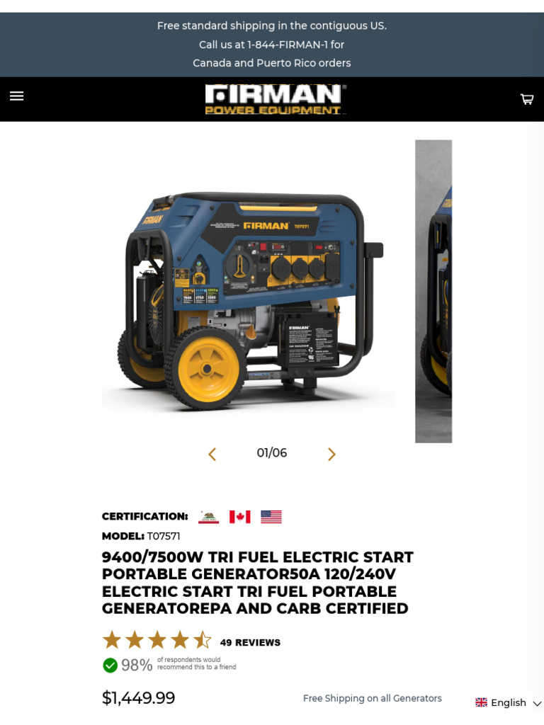 9400 - 7500W Tri Fuel Electric Start Portable Generator50A 120 - 240V ELEC - FIRMAN Power ...