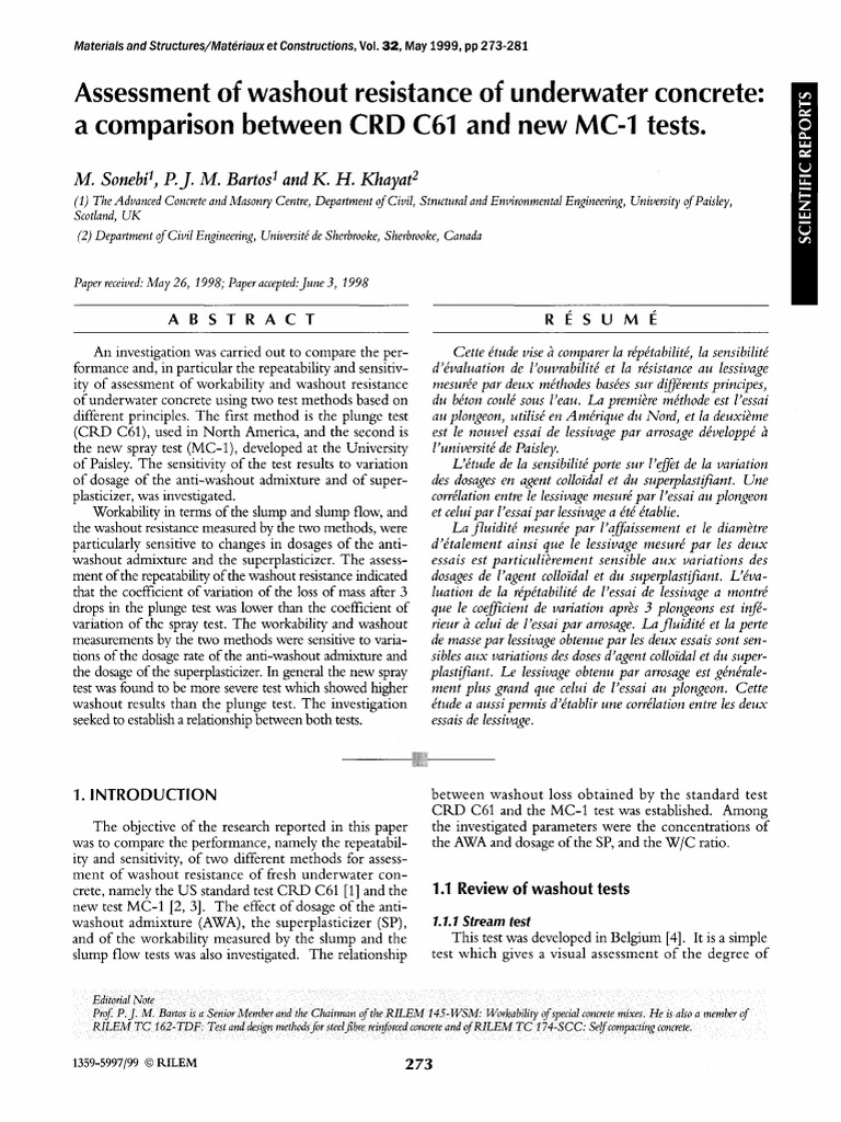 Assessment of Washout Resistance of Underwater Concrete: A Comparison ...