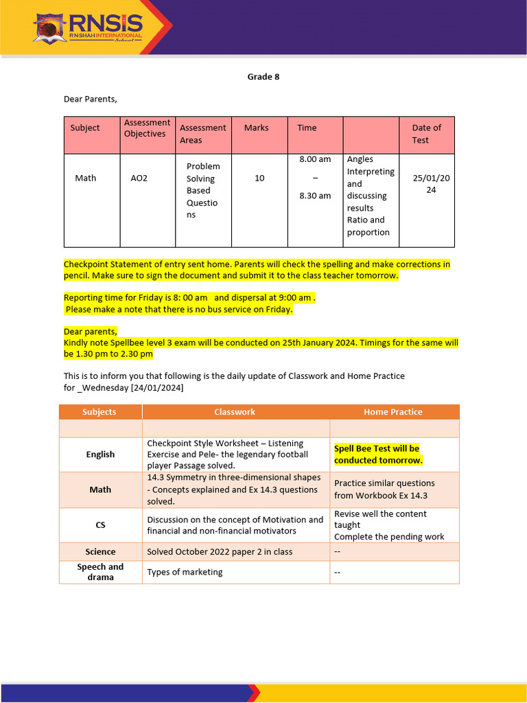 Grade 8 Daily Plan 24th Jan 2024 | PDF