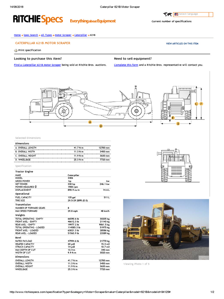 Folheto Cat 621B Motor Scraper | PDF | Horsepower | Length
