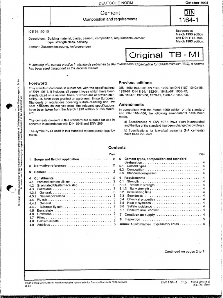 DIN 1164-1 - 1994-En - CEMENT (COMPOSITION & REQUIREMENTS) | PDF