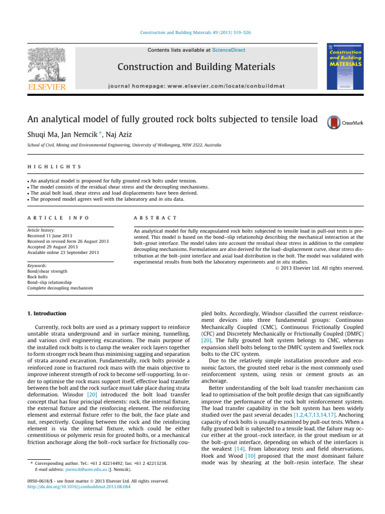 An Analytical Model of Fully Grouted Rock Bolts Subjected To Tensile ...