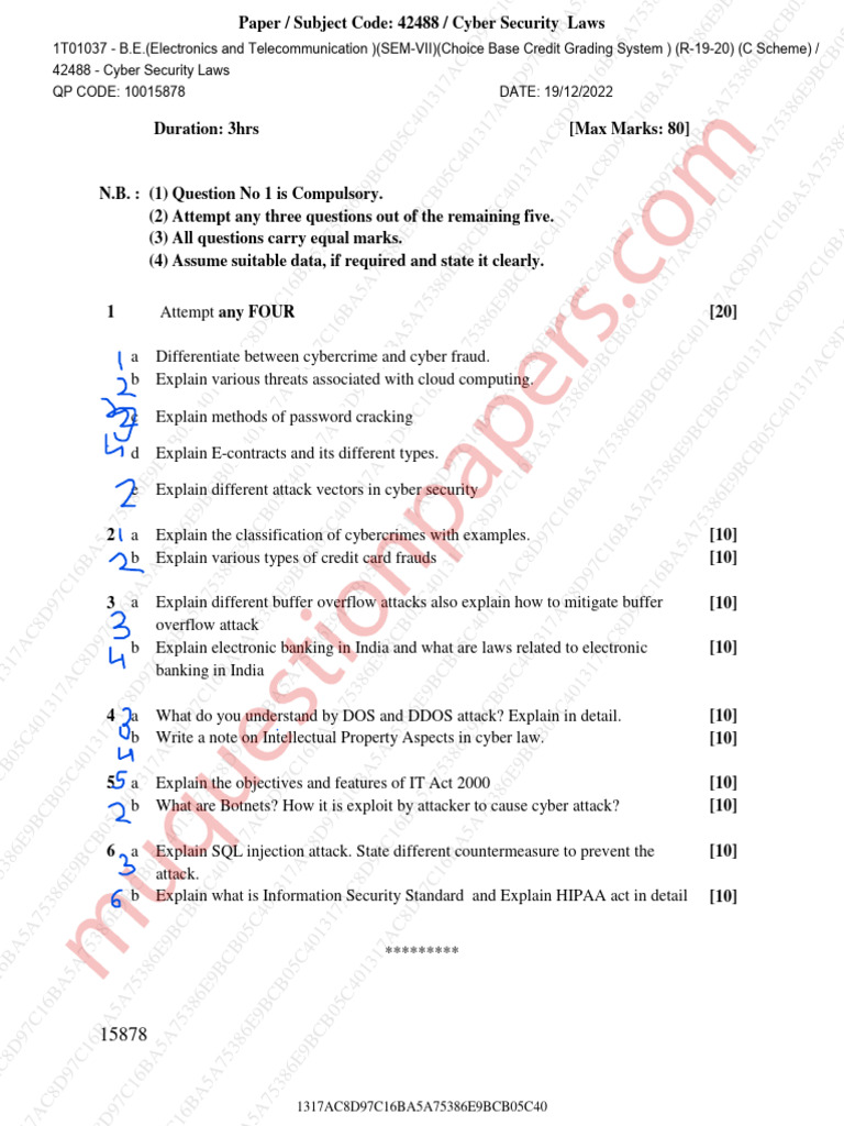Be Electronics And Telecommunication Semester 7 2022 January Iloc I Cyber Security And