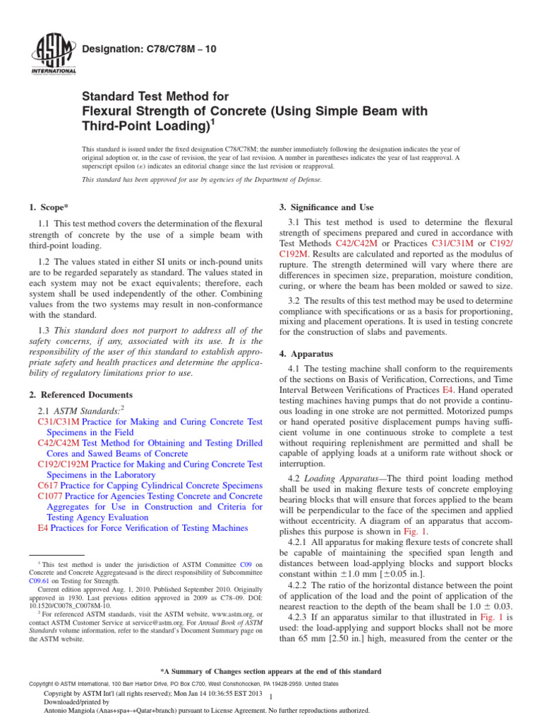 ASTM_C78-C78M-10_FLEXURAL STRENGTH OF CONCRETE (3-POINT LOADING) | PDF ...