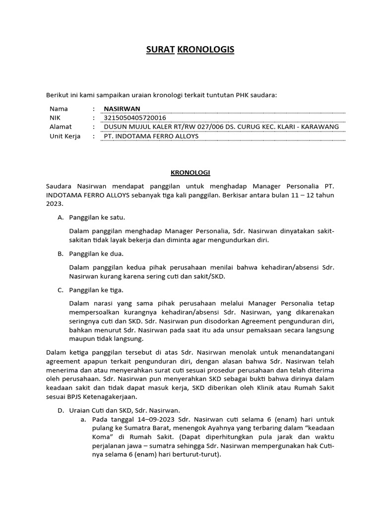 Surat Kronologis PHK Nasirwan | PDF