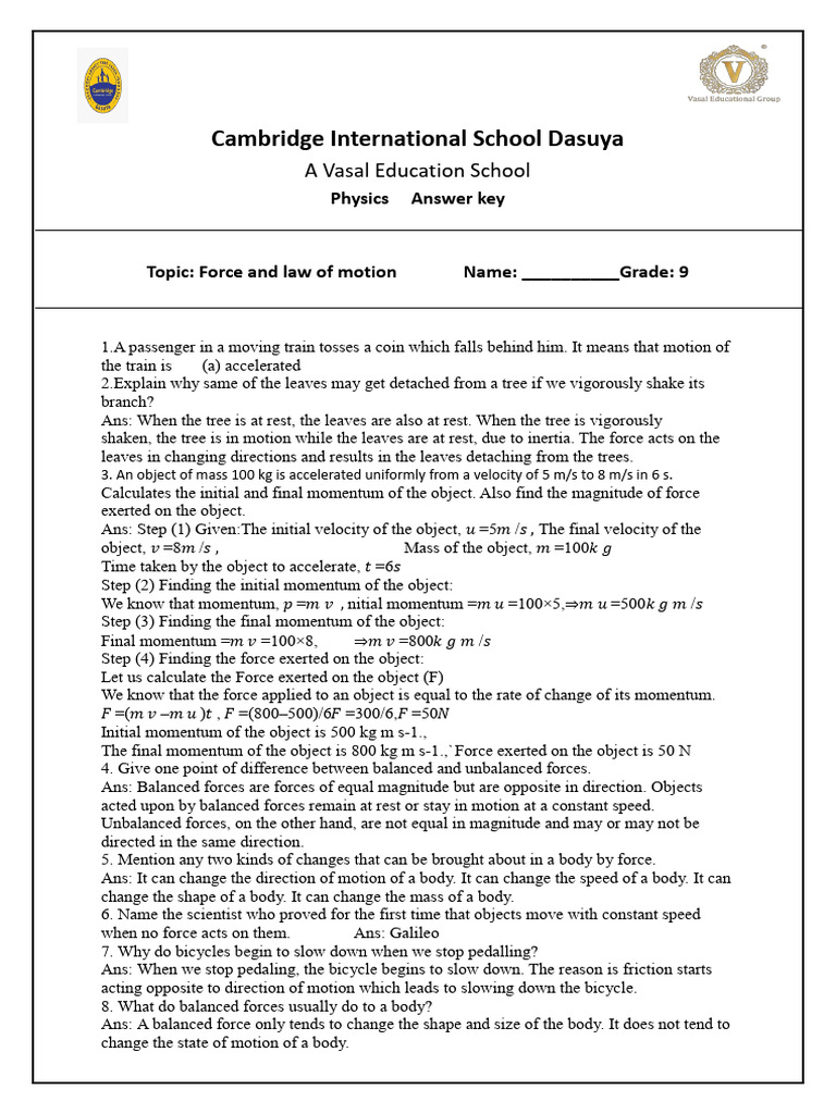 G9_ Physics_ Force and Law of Motion_ Answer Key | PDF | Force | Momentum