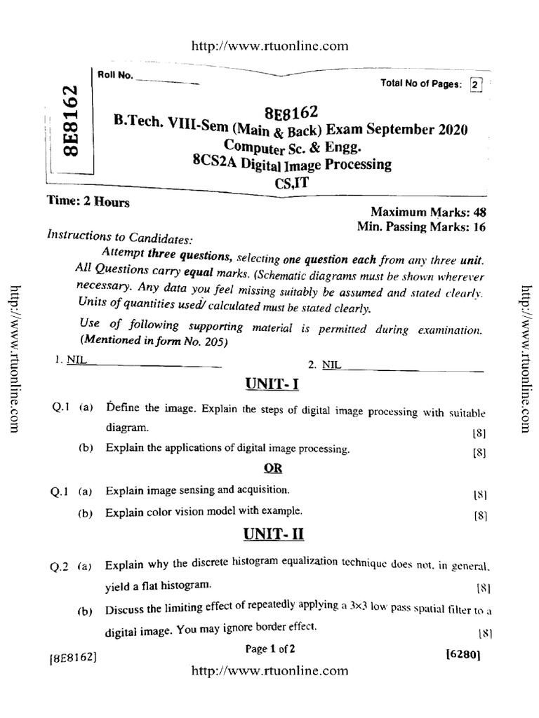 Btech Cs It 8 Sem Digital Image Processing 8e8162 Sep 2020 | PDF