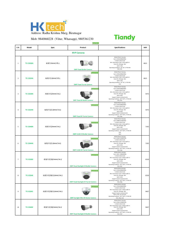 Tiandy Pricelist | PDF | Digital Zoom | Hdmi