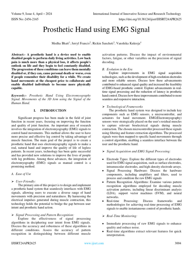 Prosthetic Hand Using EMG Signal | PDF | Electromyography | Prosthesis