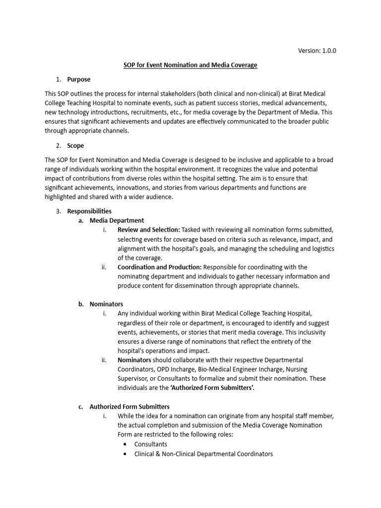 Event Nomination SOP for Media Coverage | PDF | Hospital | Biomedical ...