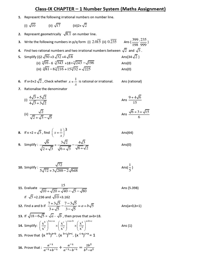 Class-IX CHAPTER - 1 Number System (Maths Assignment) : A-B A+b B-C B+C ...