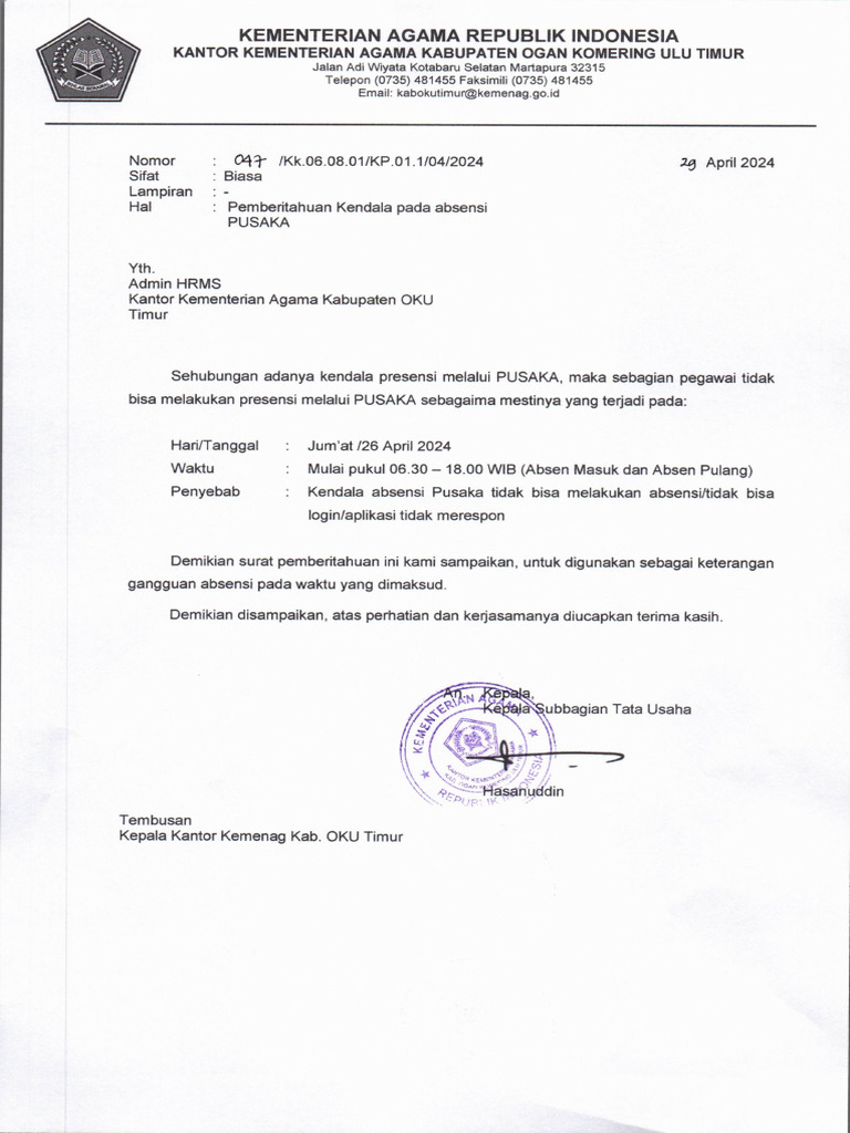 047 Pemberitahuan Kendala Absensi PUSAKA 26 April | PDF