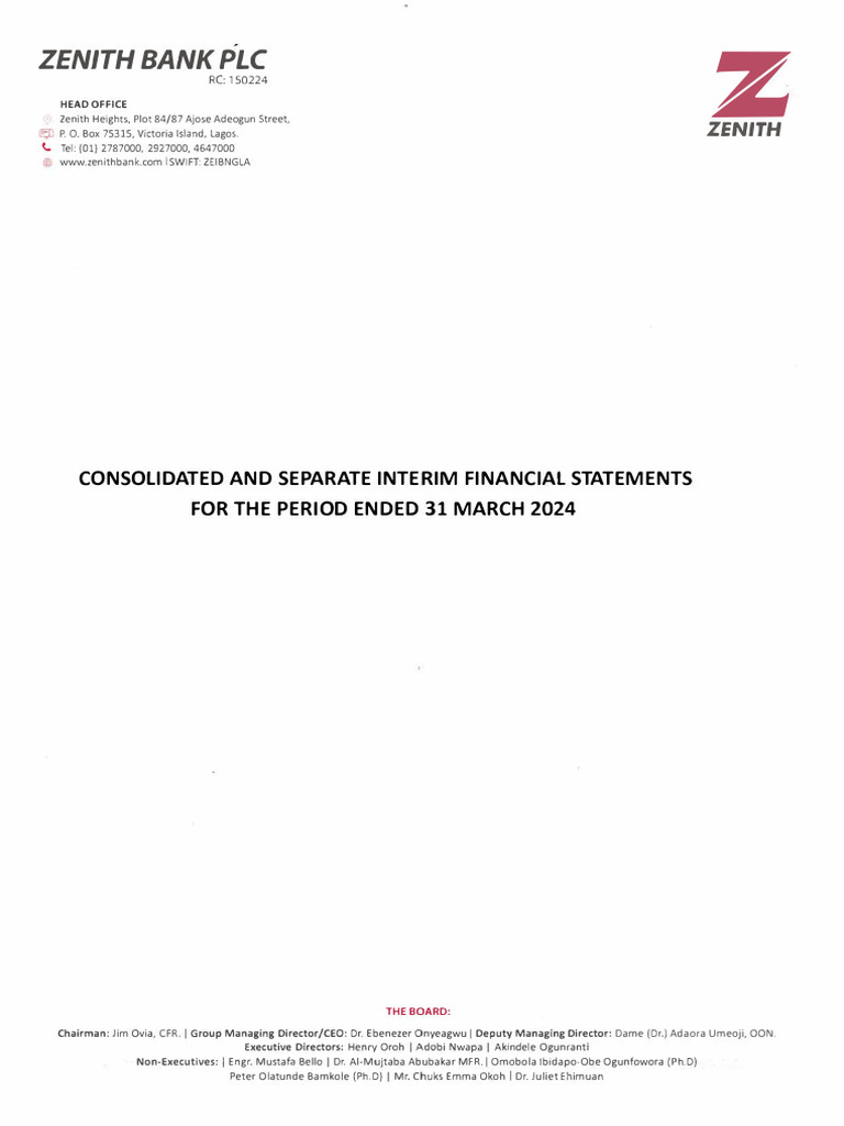 Zenith Bank PLC - Quarter 1 - Financial Statement For 2024 Financial Statements May 2024 | PDF ...