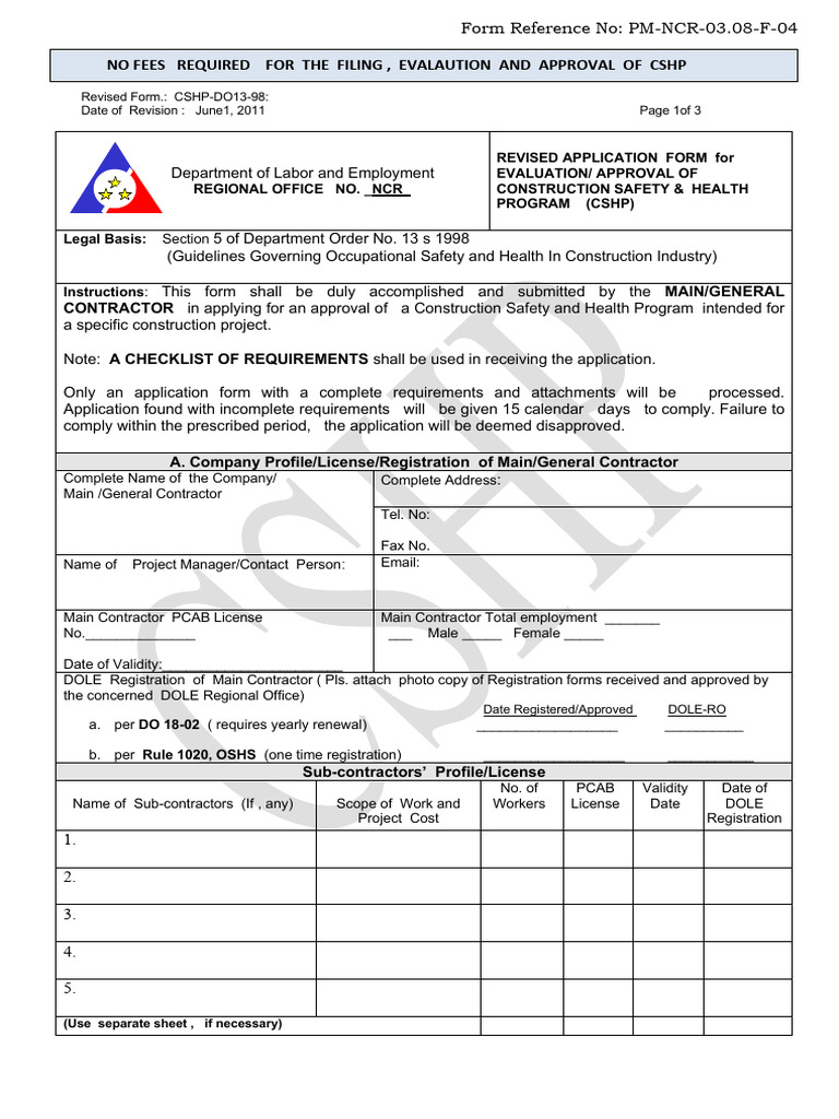 Comprehensive CSHP Application Form | Download Free PDF | Occupational ...