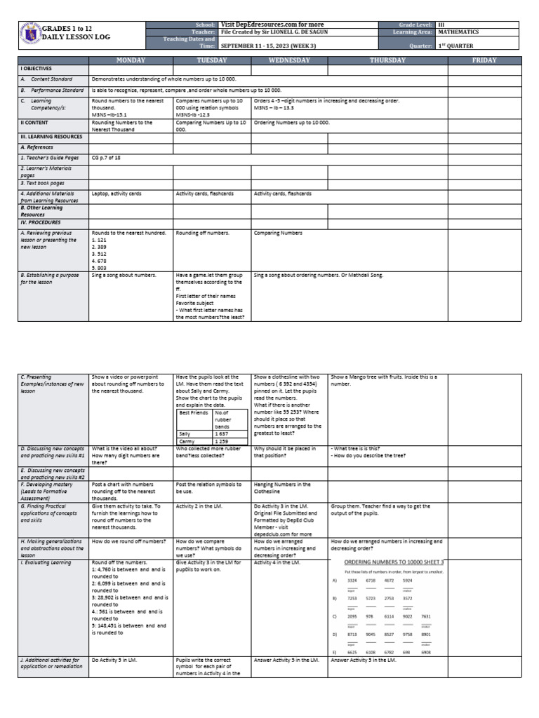 DLL - Mathematics 3 - Q1 - W3 | PDF | Learning | Behavior Modification