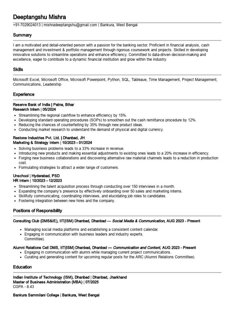 Deeptangshu Mishra Resume CV | PDF | Economies | Business