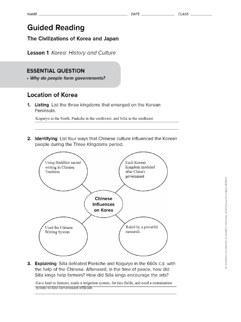 Korea Guided Reading _ Chapter 6 L1 _ McGraw Hill History | PDF