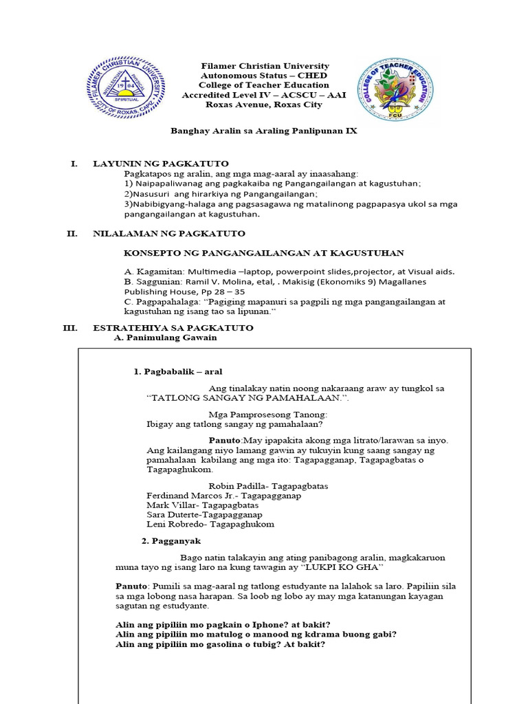 Lesson Plan Pangangailangan Kagustuhan | PDF