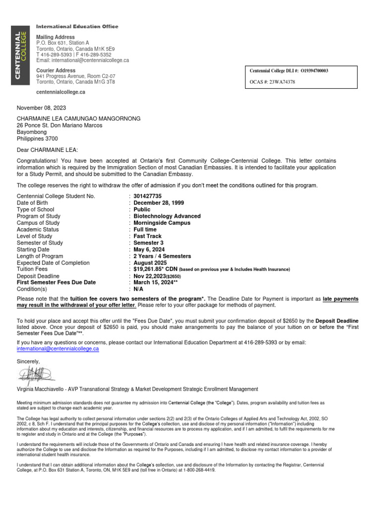 Enrollment Letter for Centennial College | PDF | Cost Of Living