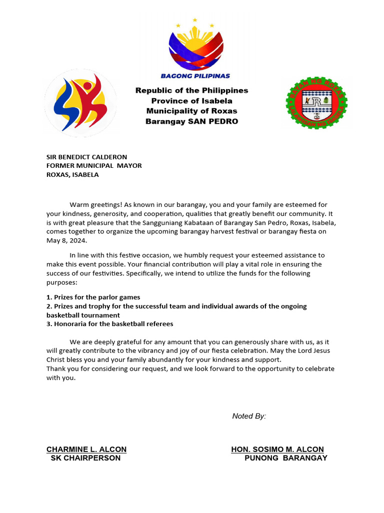 Request Letter For Barangay Fiesta 2024 | PDF Request Letter For Barangay Fiesta 2024 | PDF