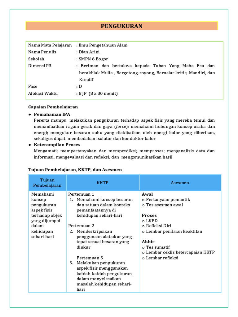 Modul Ajar Ilmu Pengetahuan Alam (IPA) - Pengukuran - Fase D | PDF