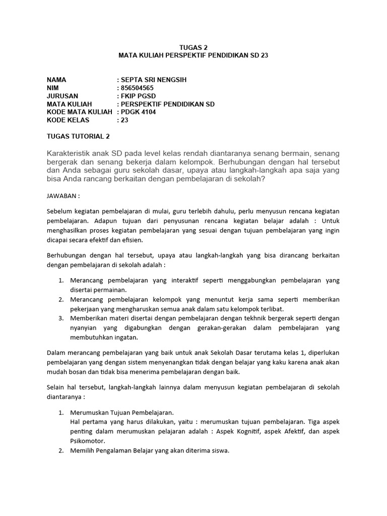 TUGAS 2 Perspektif Pendidikan SD PDGK 4104 | PDF