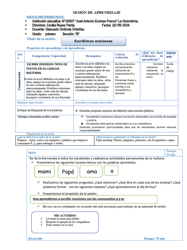 Sesion de Aprendizaje Escribimos Oraciones | PDF | Aprendizaje | Cognición