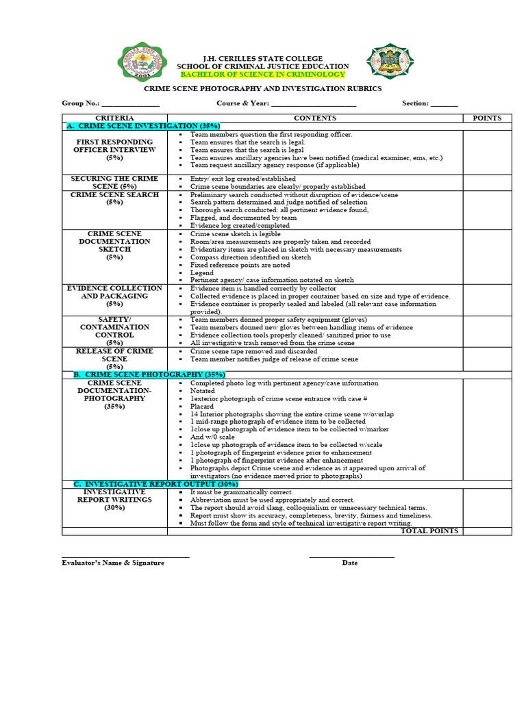 Crime Scene Investigation Rubrics | PDF | Crime Scene | Criminal Justice