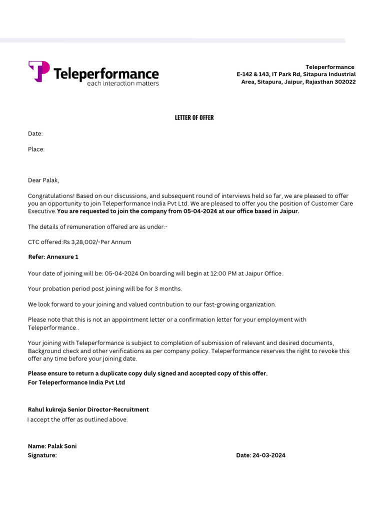 Offer Teleperformance | PDF | Career & Growth | Business