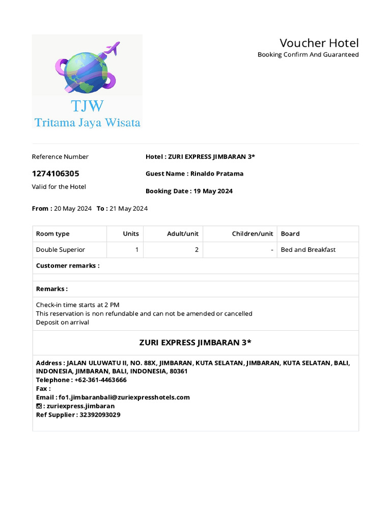 TJW-ZURI EXPRESS JIMBARAN (20 - 21 May 2024) 1 Room | PDF