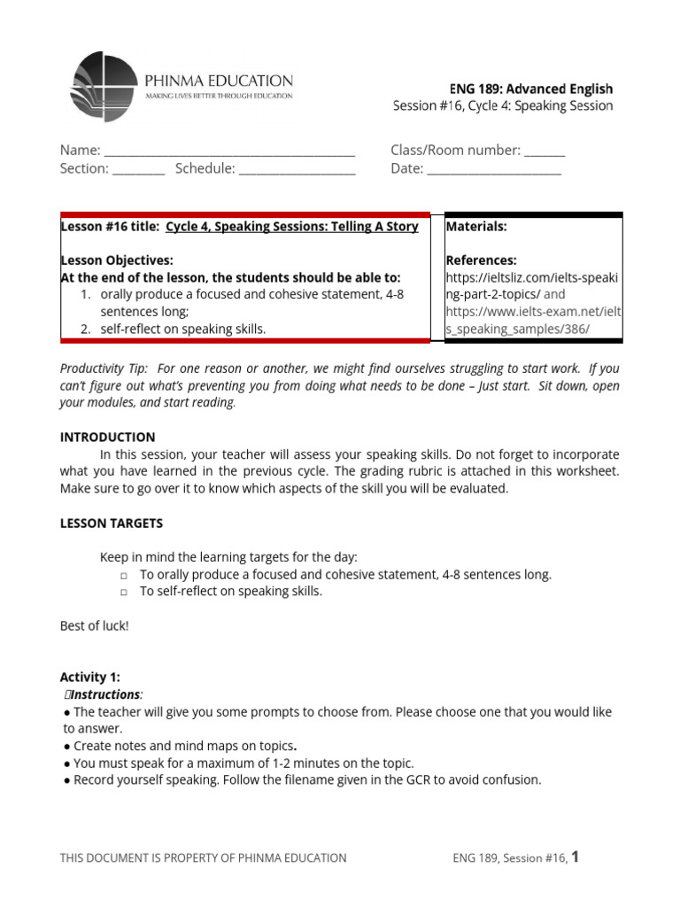 Speaking Skills: Storytelling Lesson 16 | PDF | Rubric (Academic ...