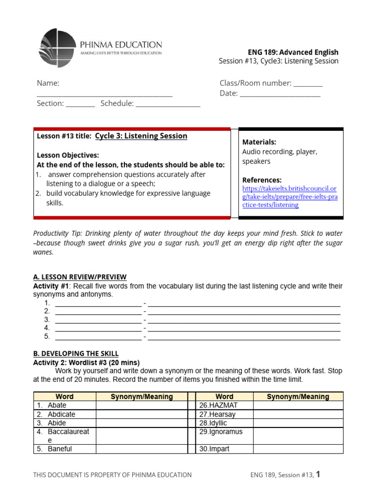 Listening Comprehension Lesson Plan | PDF